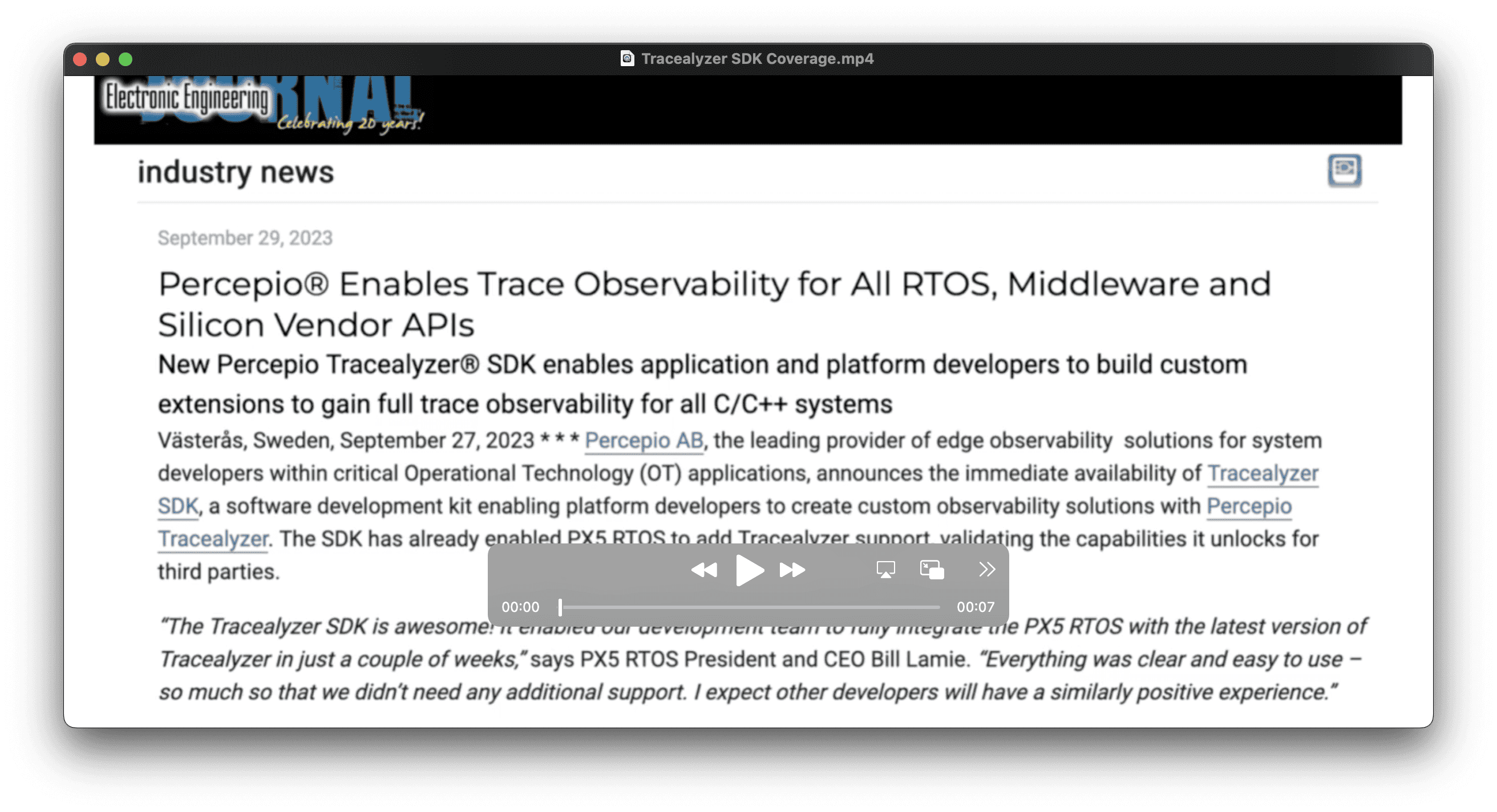 Worldwide Coverage Of The Tracealyzer Sdk Percepio